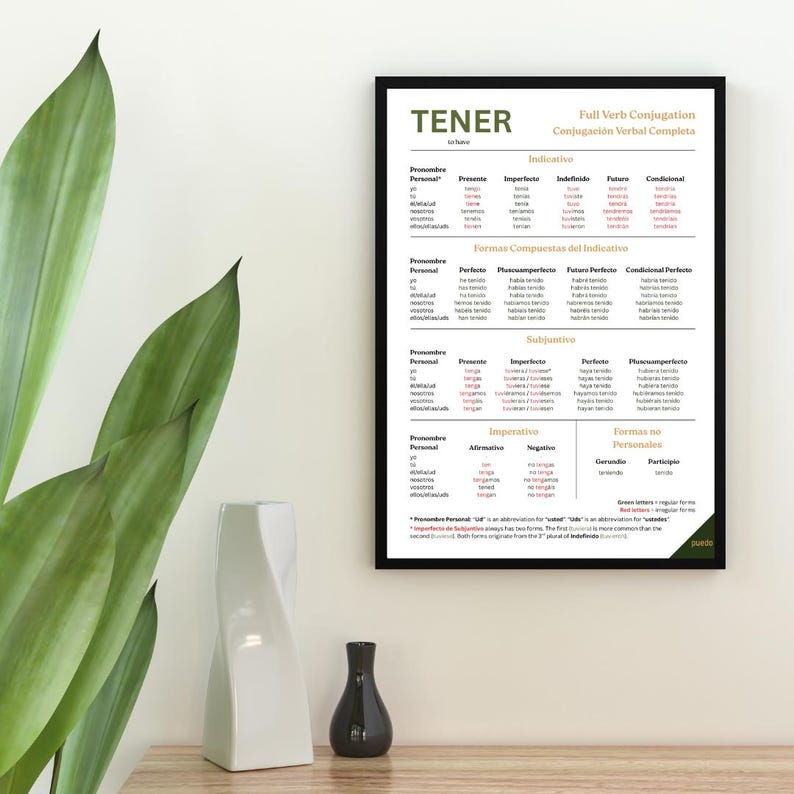 Spanish Verb Conjugation Chart - "tener" | Educational Printable Poster ...