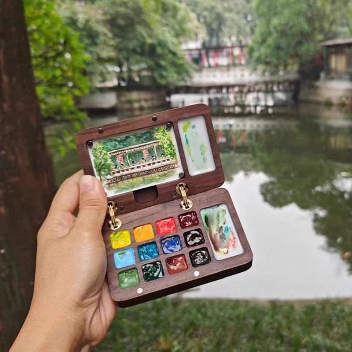 15 Colors Travel Set Portable Paint Box, Watercolor Palette Walnut Box ...