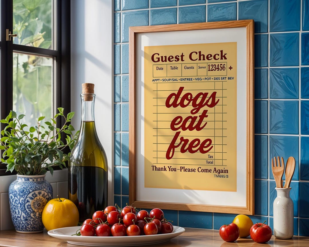 Dogs Eat Free Guest Check Wall Art, Dog Themed Kitchen Decor, Gift for ...