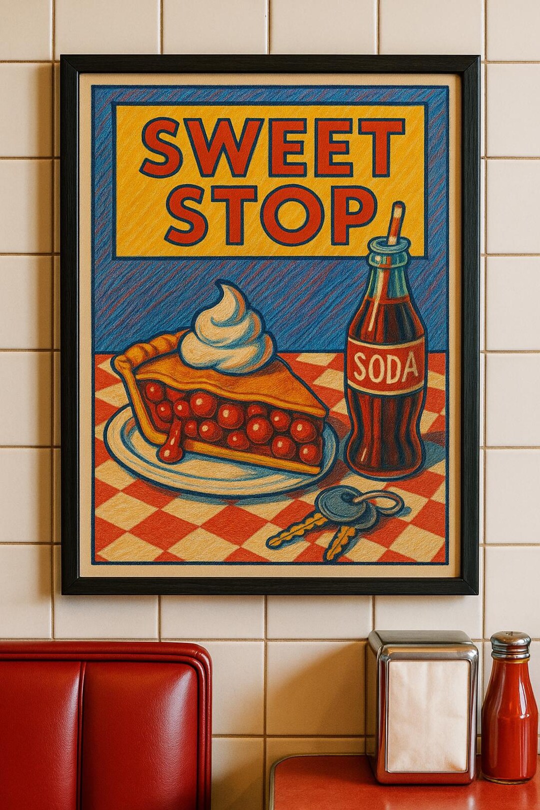 Sweet Stop Diner Wall Art - Retro Cherry Pie Poster, Soda Bottle Pop ...