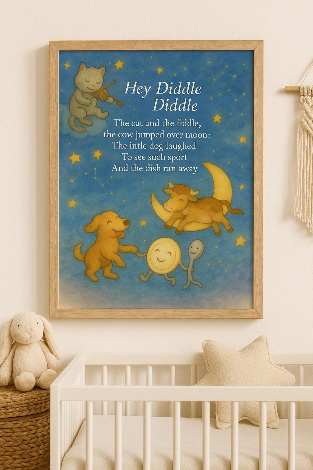 Hey Diddle Diddle Nursery Rhyme Art - Watercolor Celestial Baby Room ...