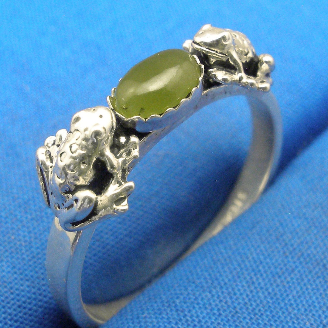 Green Jade Frog Ring, Hand Crafted Recycled Sterling Silver, Handmade Nephrite Jade, 2 Frogs ...