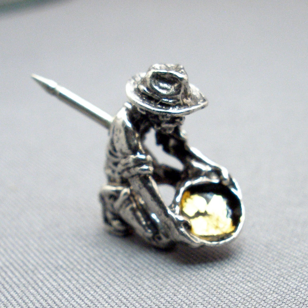 Gold Miner Hat Tack Lapel Pin Pure Gold Flakes Sterling Silver ...