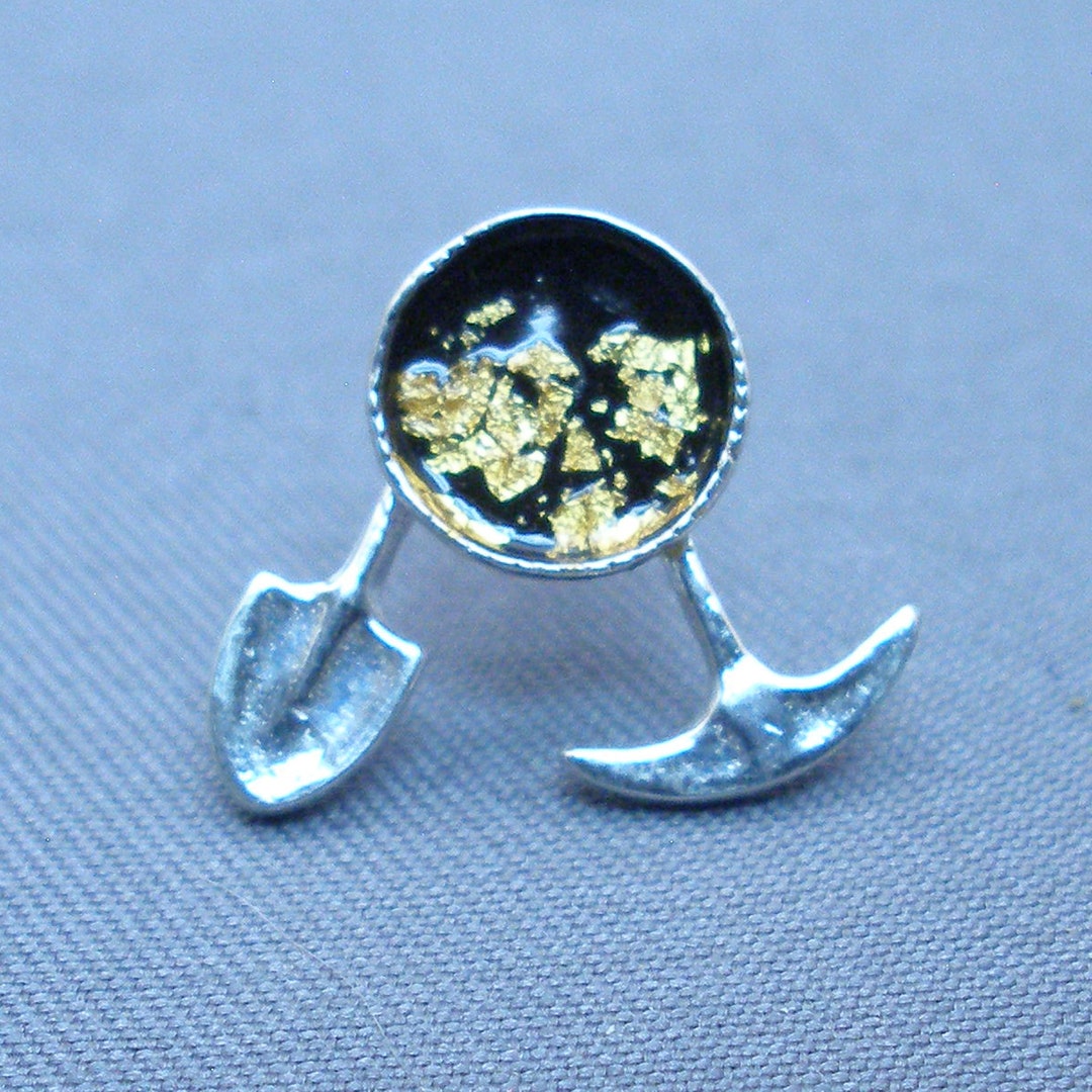 Pan Pick and Shovel Tie Tack, Small, Pure Gold Flakes Sterling Silver ...