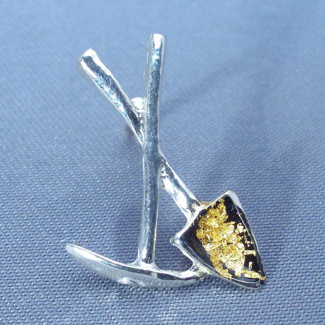 Pick and Shovel Hat Tack Lapel Pin, Pure Gold Flakes Sterling Silver ...