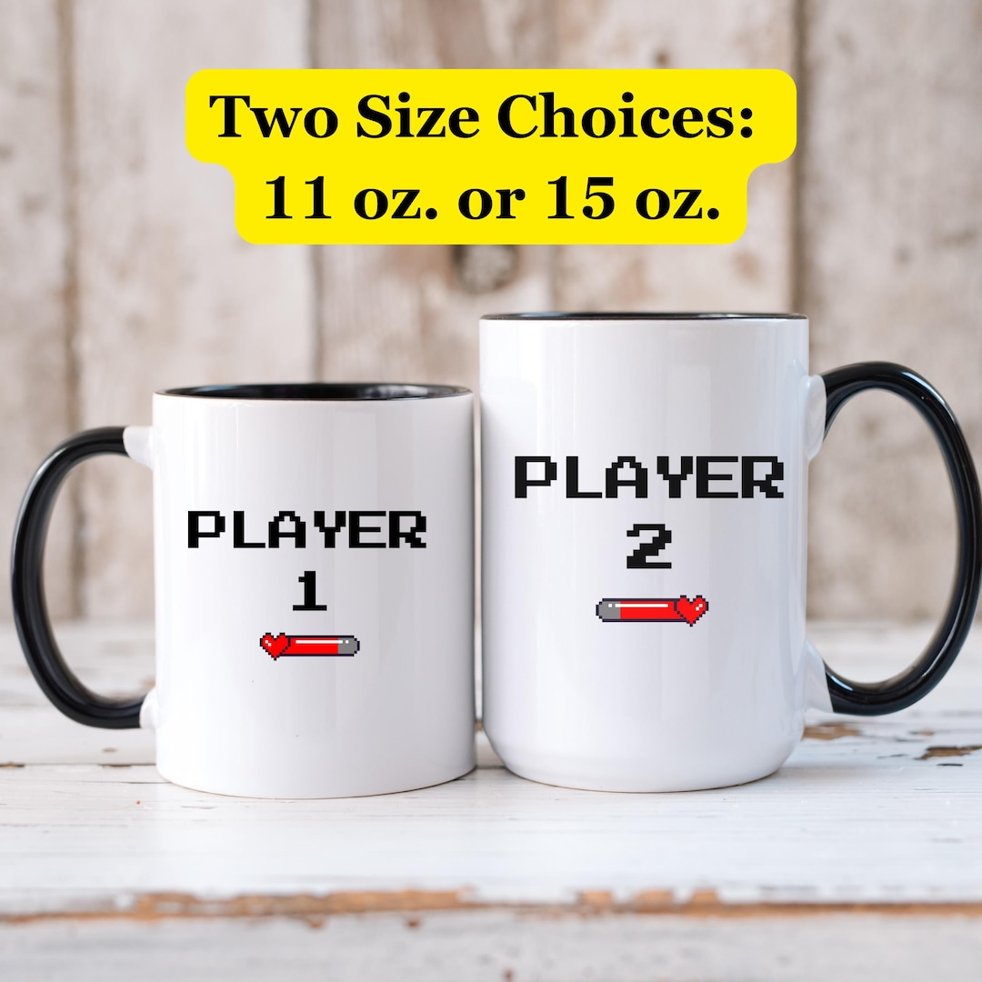 Player 1 & Player 2 Retro Video Game Style Ceramic Mugs With Heart Life ...