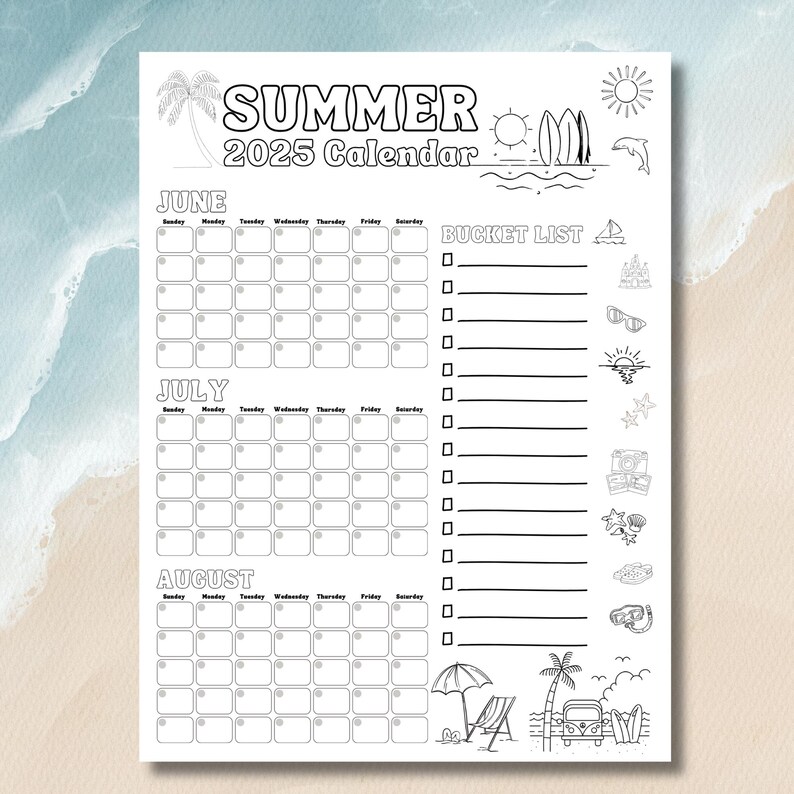 2025 Beach Summer Bucket List Printable Calendar - Etsy