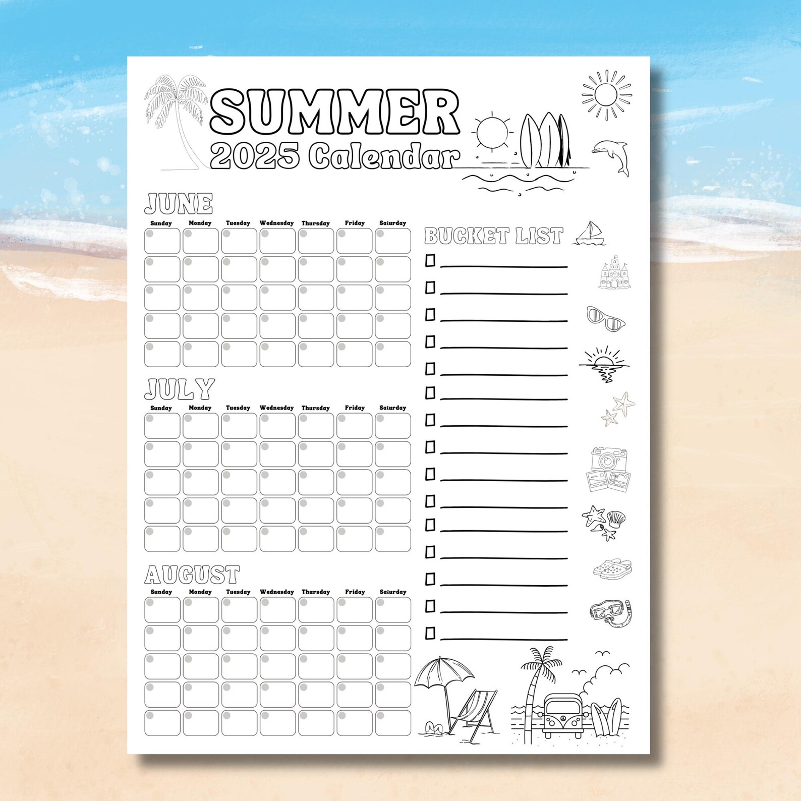 2025 Beach Summer Bucket List Printable Calendar - Etsy
