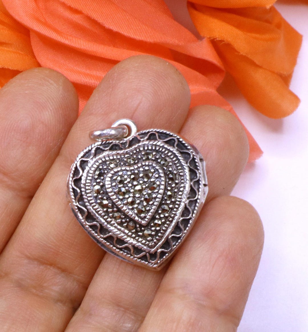Vintage Marked FAS 925 Sterling Silver Marcasite Heart Shape Locket ...