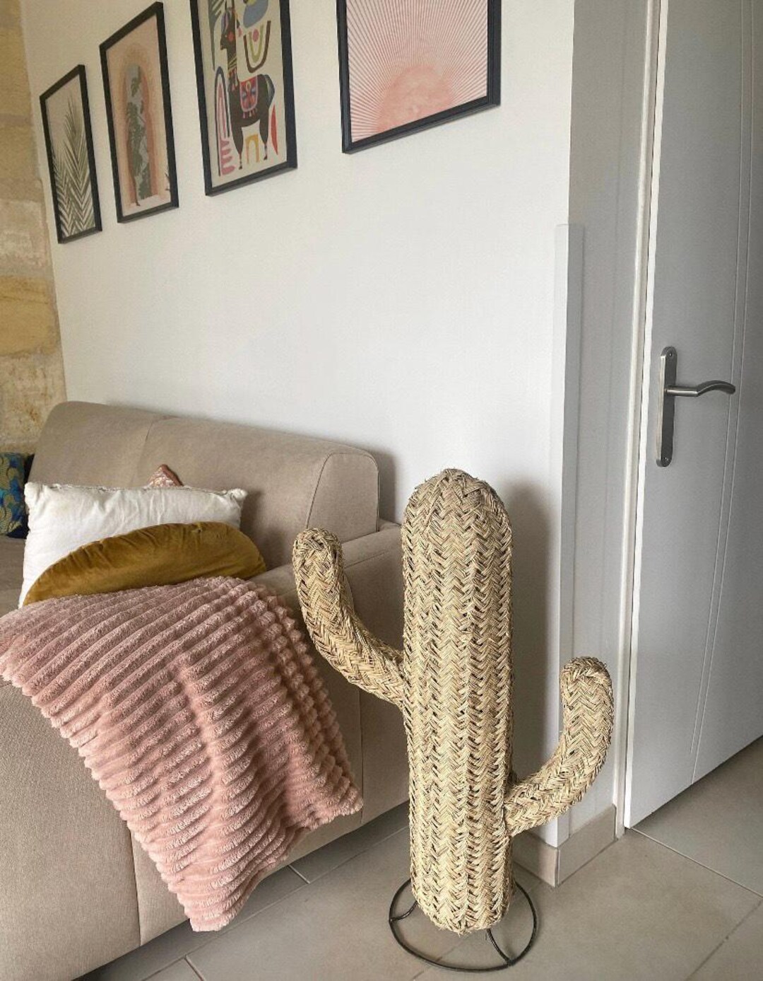Doum Cactus in Woven Straw Planter – Handmade Eco-friendly Decor – Boho ...