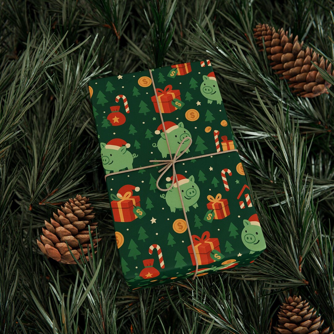 Christmas Piggy Bank Pattern Wrapping Paper | Holiday Coins & Candy ...