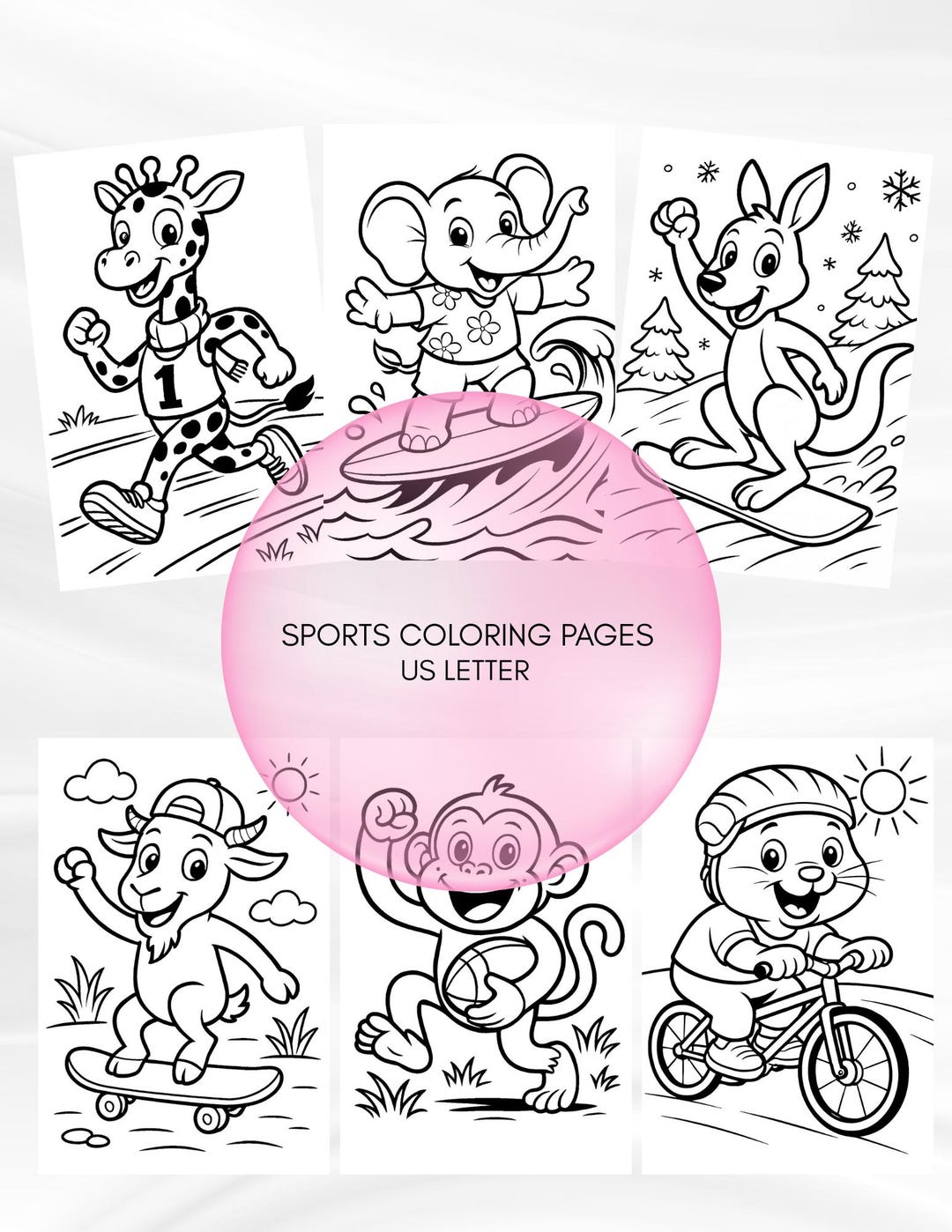 Sports Animals Coloring Pages, Printable Kids Activity, Cute Digital ...