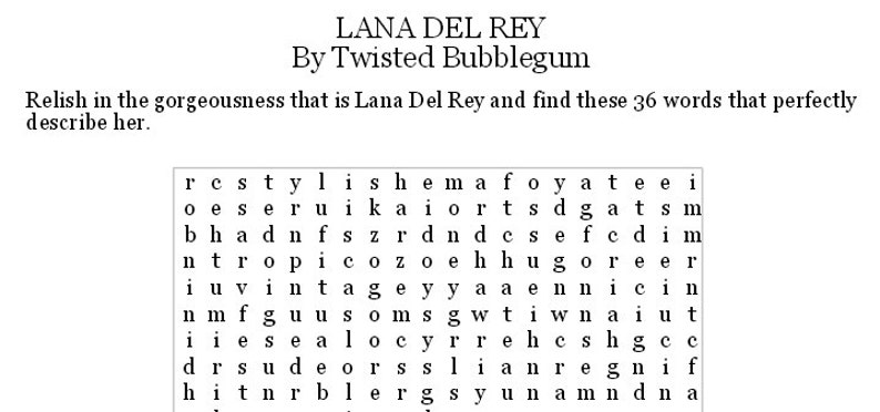 Lana Del Rey Word Search Lana Del Rey PDF Printable | Etsy