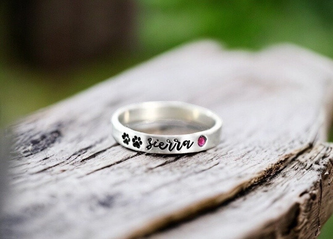 Pet Name Ring, Dog Mom Tiny Paw Print, Personalized, Cat Mom, Skinny ...