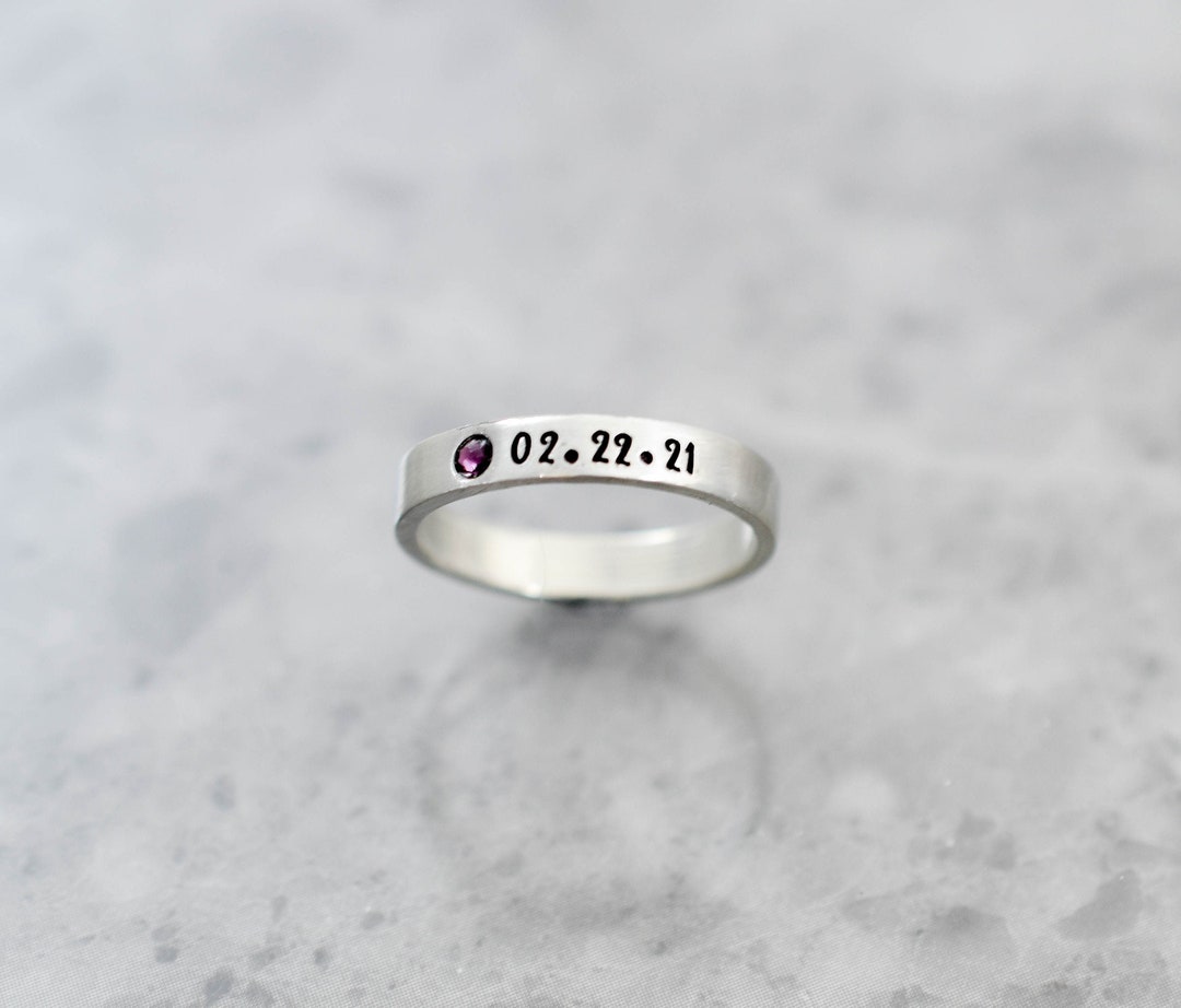 Stackable, Personalized Date Ring, Birthstone, Birthdate, Mom Ring ...