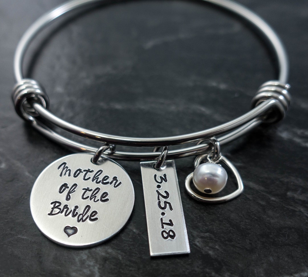 Mother of the Bride Bracelet, Personalized Charm Bangle, Mom Wedding ...