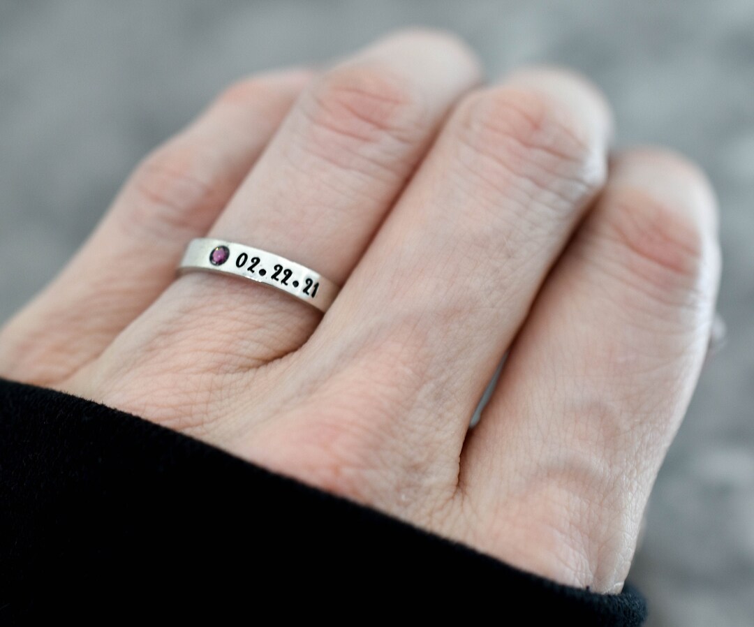 Stackable, Personalized Date Ring, Birthstone Ring, Birthdate, Mom Ring ...