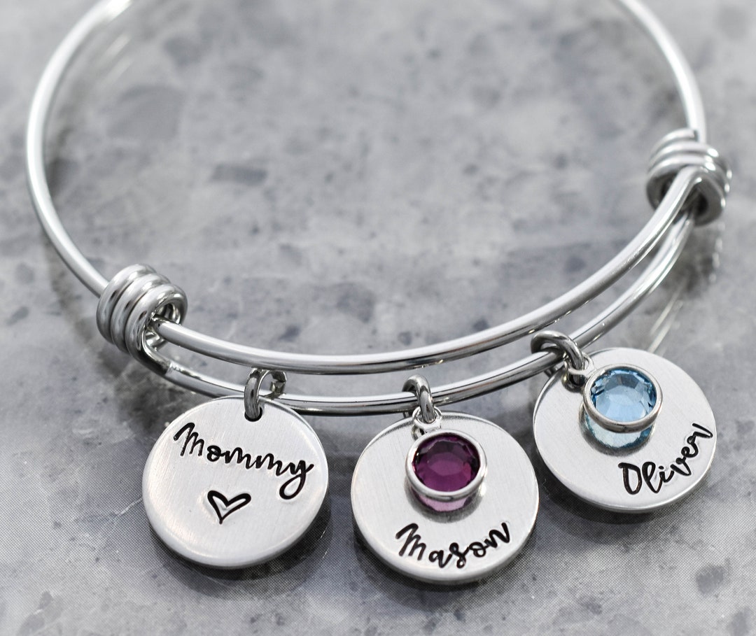 Personalized Mother Birthstone Bracelet - Mom Name Stacking Charm ...