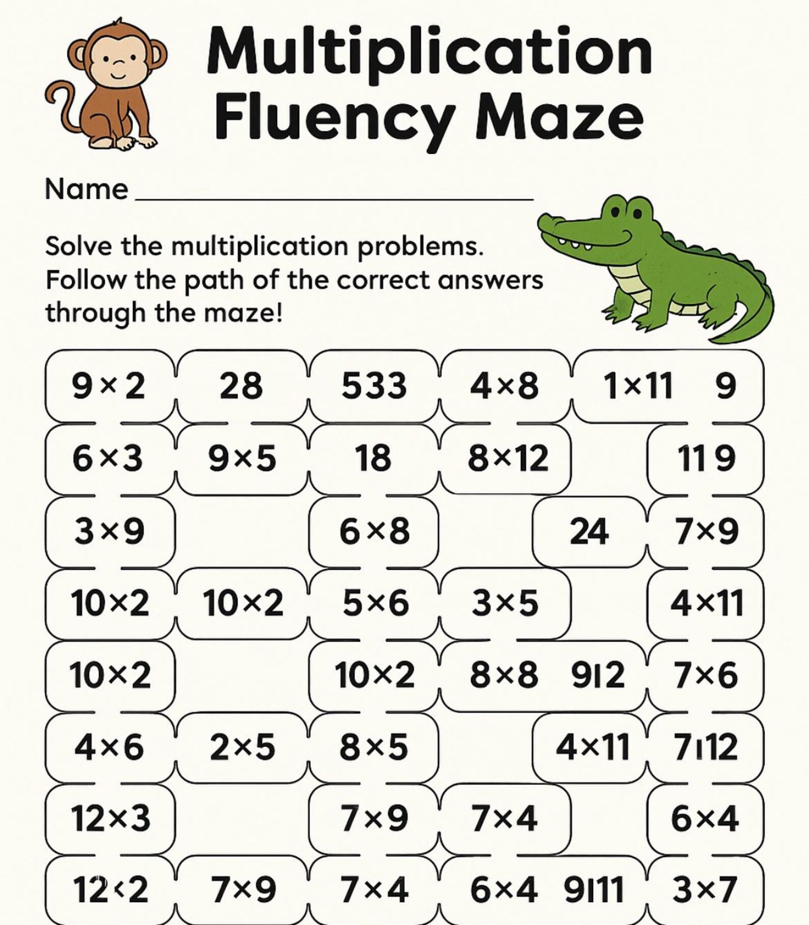Multiplication Fluency Maze Animal Theme - Etsy