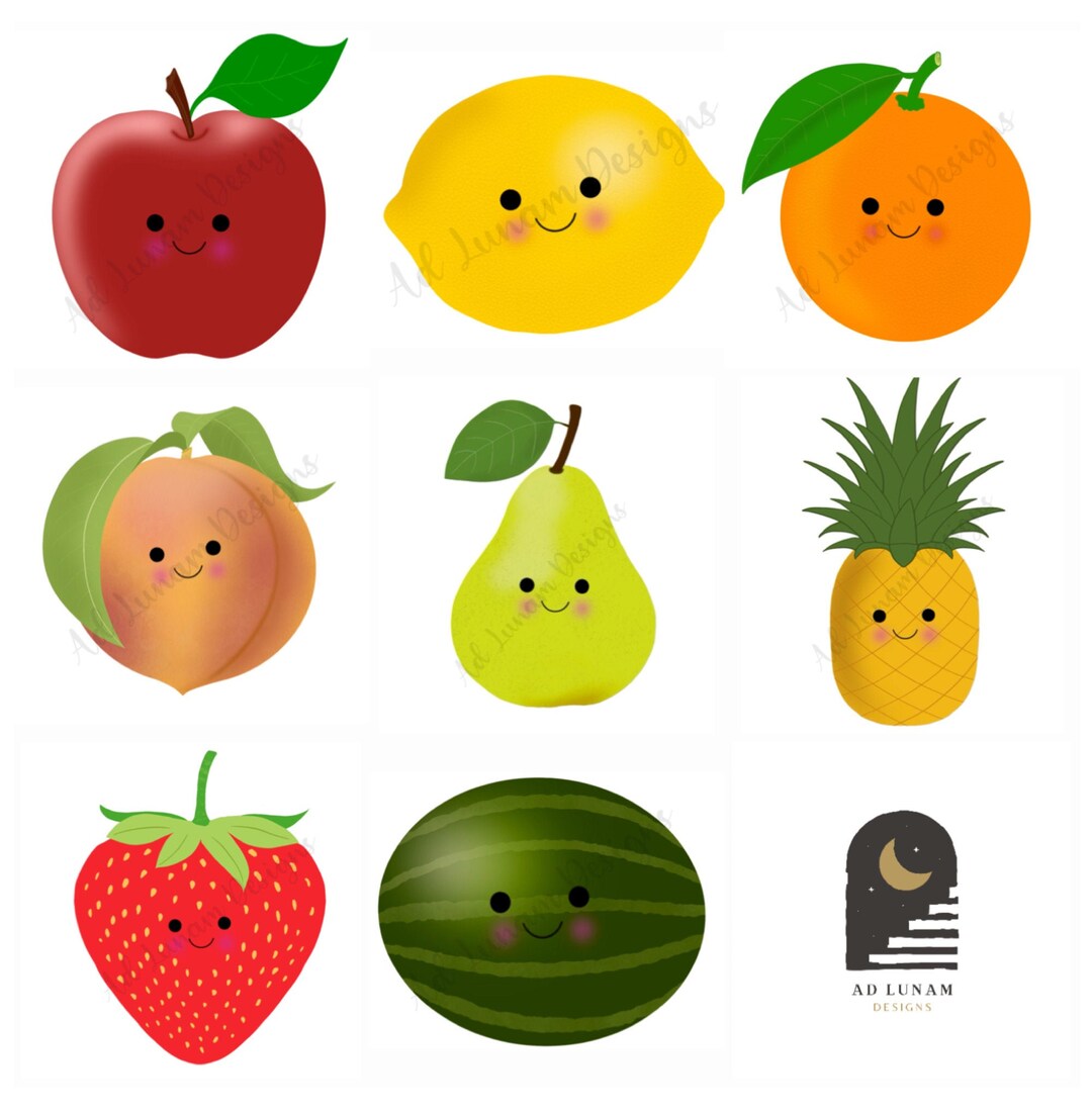 Cute Fruit Bundle - Eight Digital Designs, PNG, PDF, Clip Art - Etsy