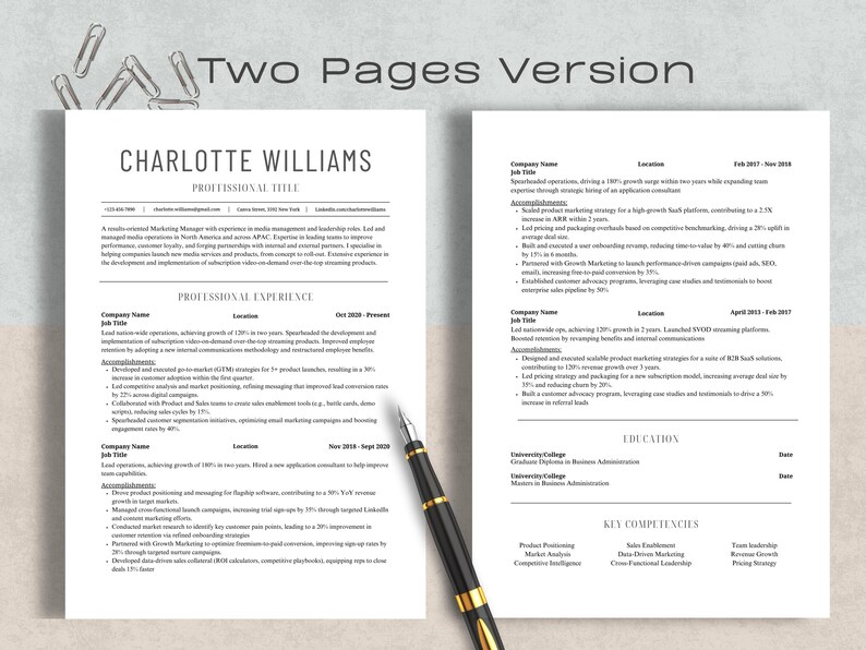 ATS Resume Template Editable Canva Modern Professional CV Design for Job Applications Keyword ...