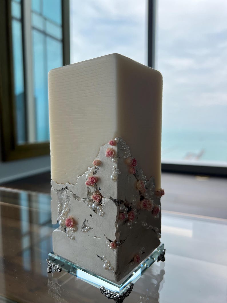 Luxury Square Decorative Candle With Pink Roses & Pearls | Handmade ...