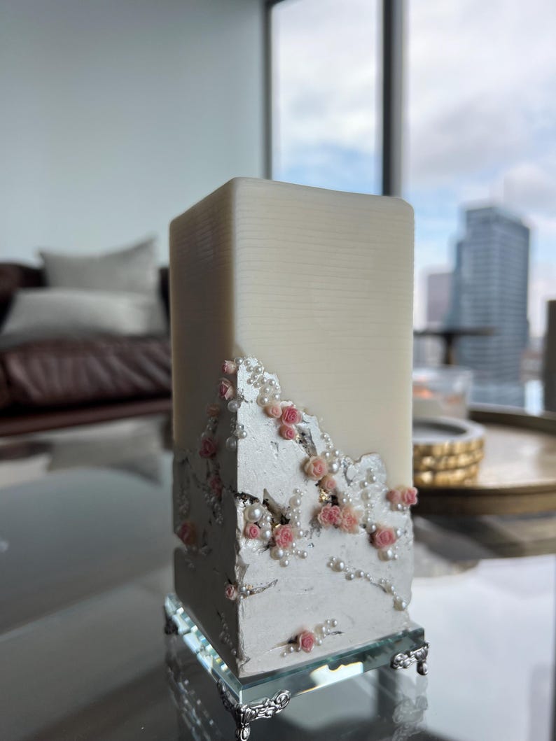 Luxury Square Decorative Candle With Pink Roses & Pearls | Handmade ...
