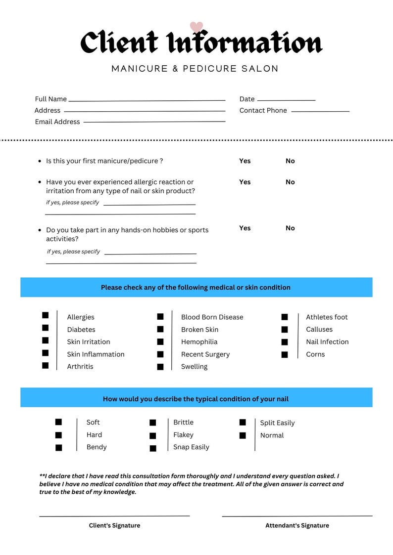 Editable Client Information Form for Nail Salon – Manicure & Pedicure ...