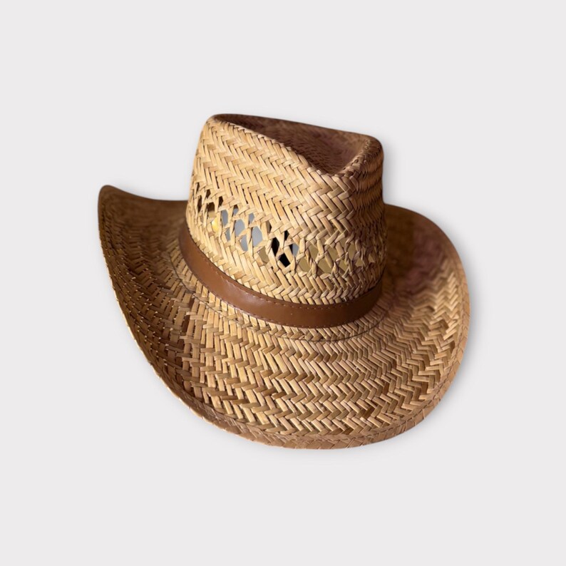 Woven Straw Cowboy Hat – Ventilated Crown & Brown Hatband – Rustic ...