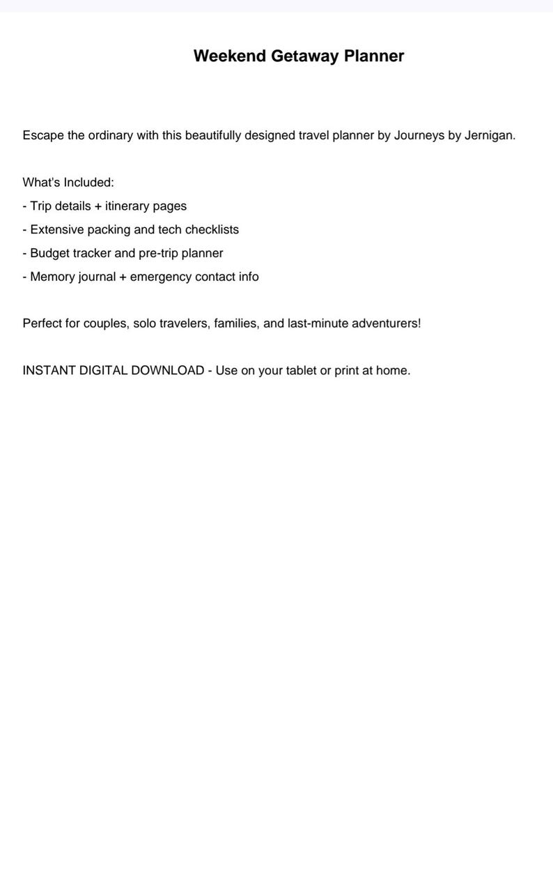 Weekend Getaway Planner - Etsy