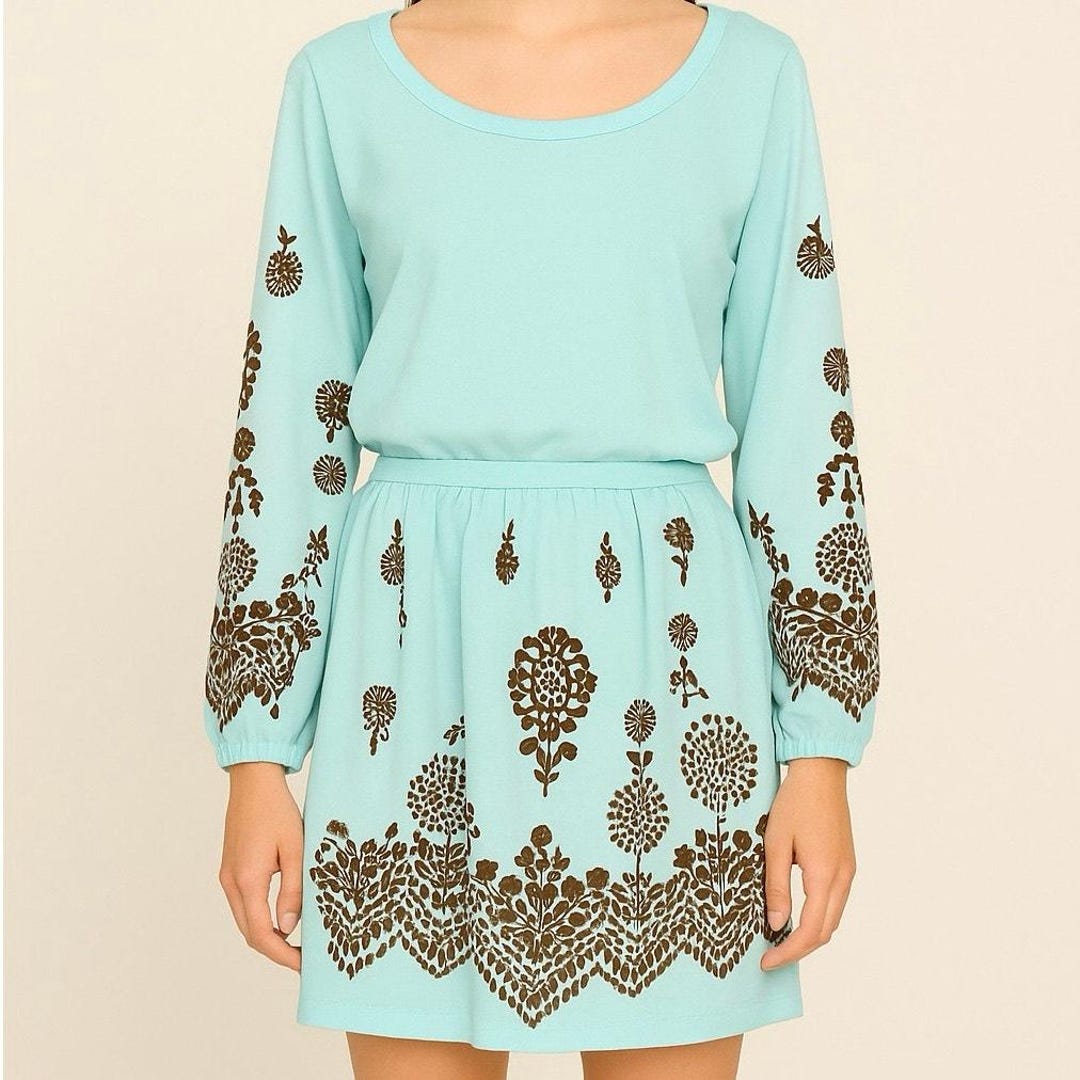 Vintage Jane Colby 2-piece Dress Set – Aqua Blue With Brown Floral ...