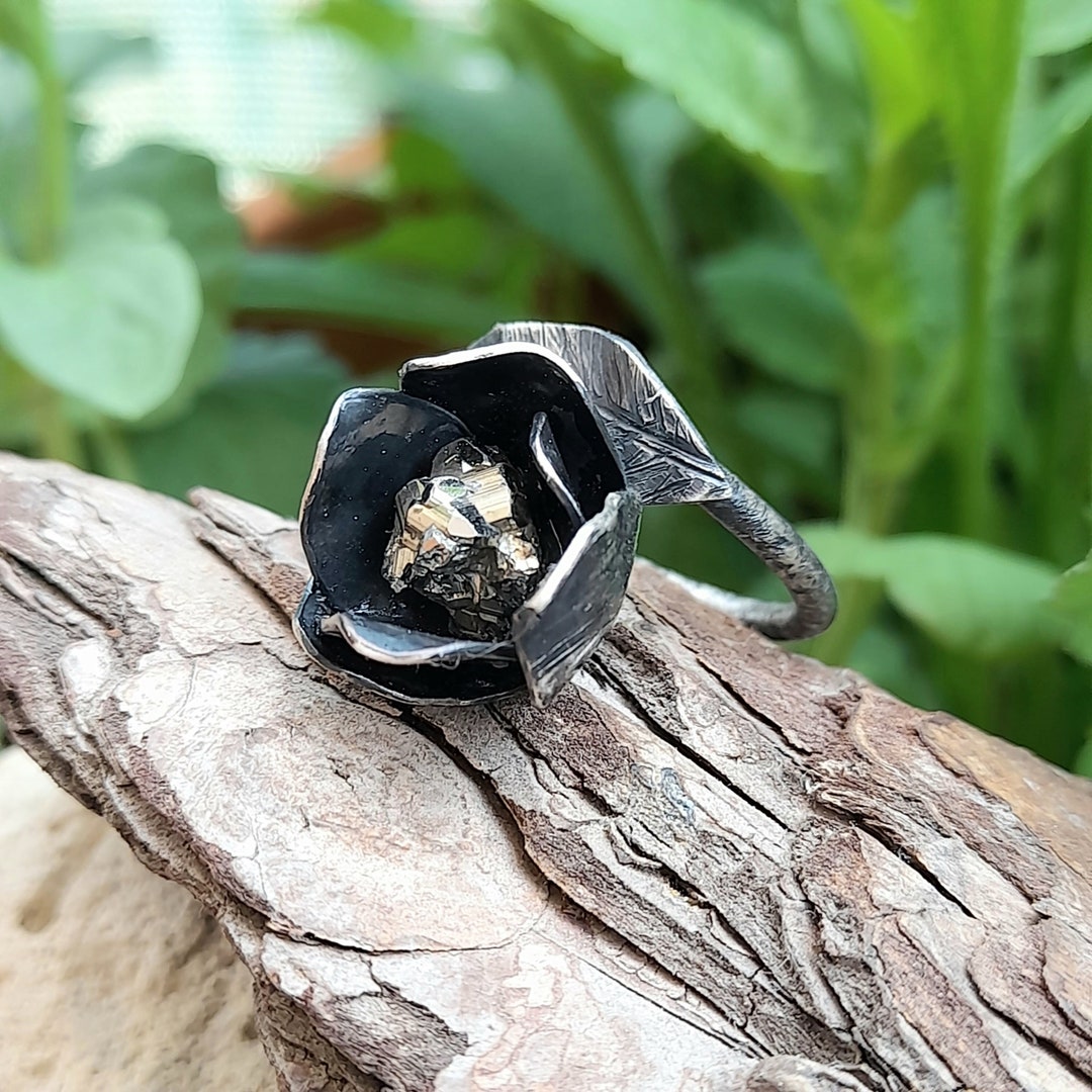 Raw Pyrite Ring. Sterling Silver Rose Ring. Rough Pyrite and Oxidized ...