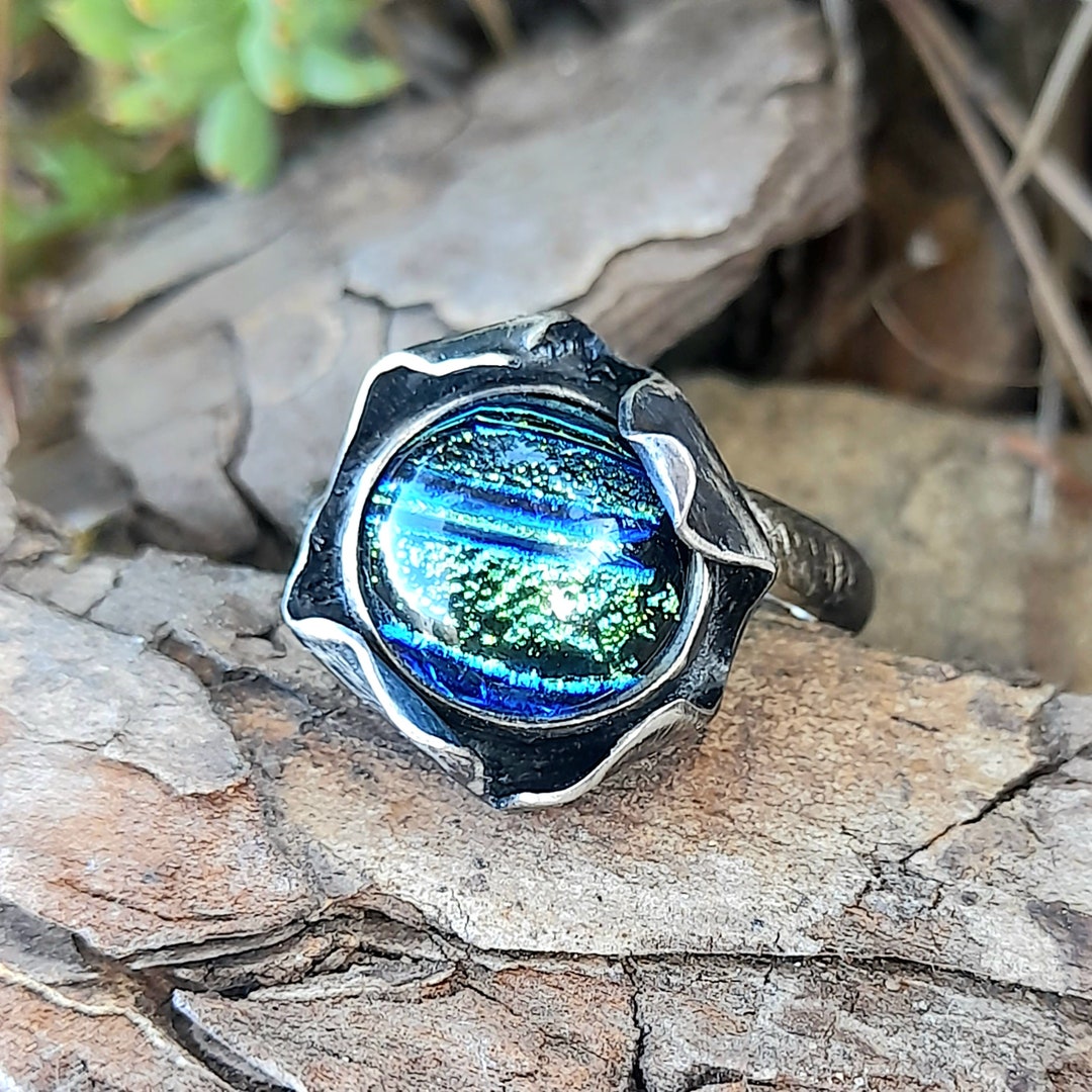 Fused Glass Ring. Dichroic Glass Ring. Adjustable Ring. Sterling Silver ...