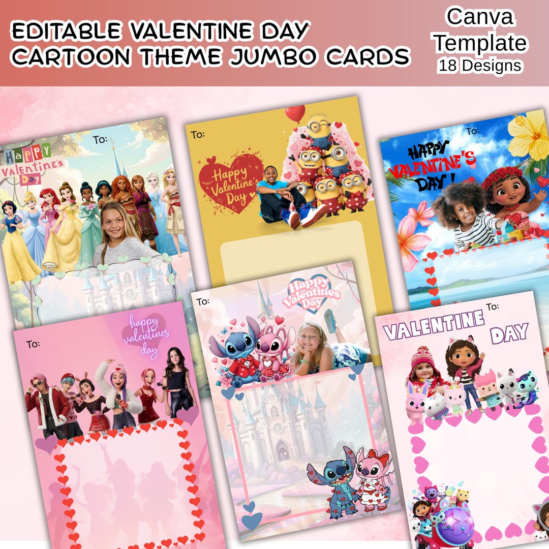 20 Jumbo Valentine Card Template Bundle,cartoon Themed Jumbo Pack Vday ...