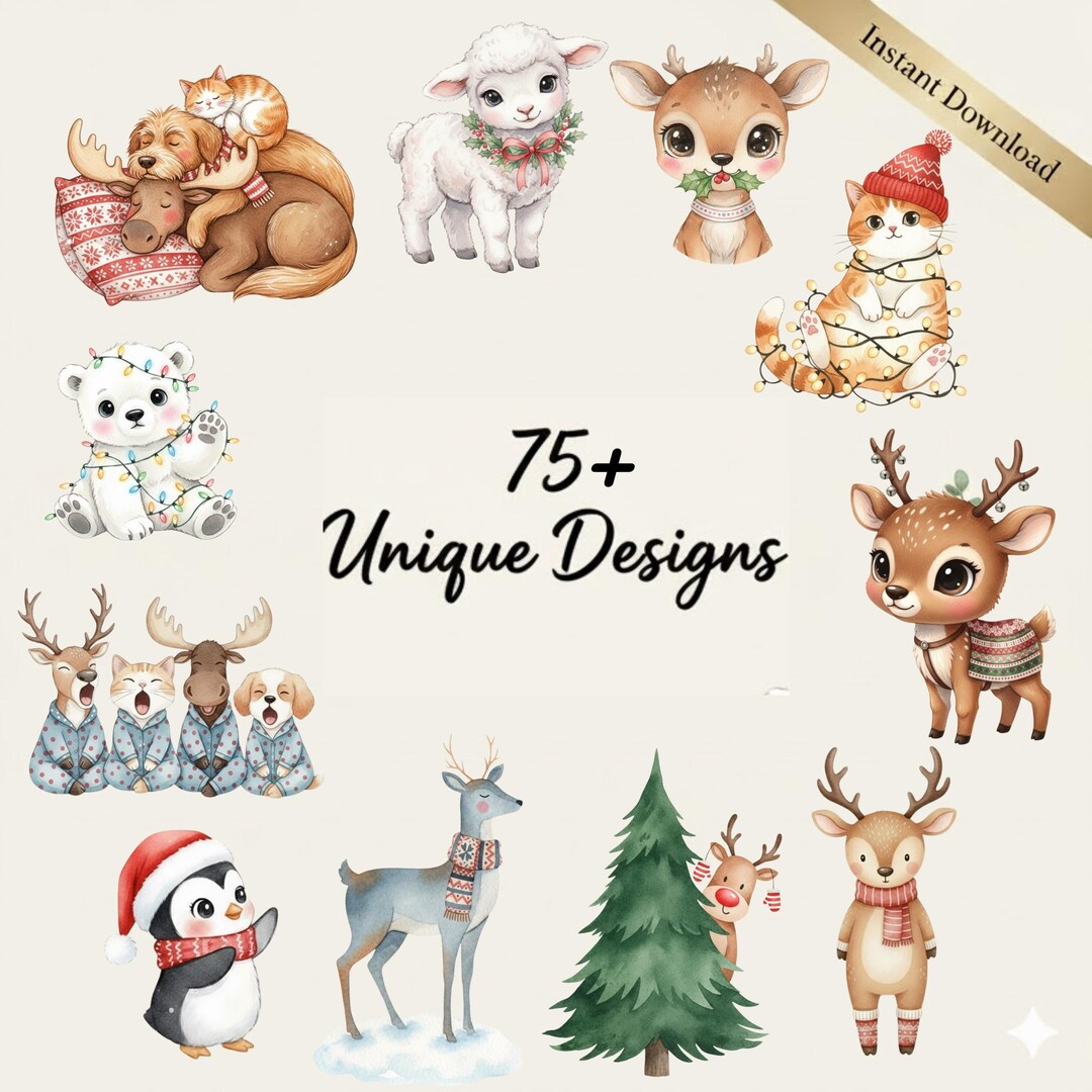 Watercolor Christmas Animals Clipart: Nordic Holiday PNG (75+ Designs ...