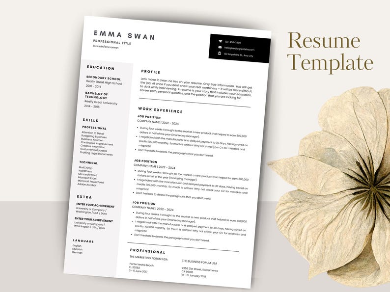 Elegant Resume Template, Canva Template, Minimalist CV Design, Creative ...