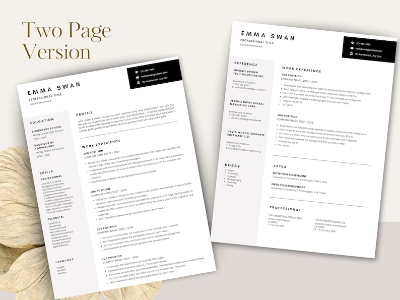 Elegant Resume Template, Canva Template, Minimalist CV Design, Creative 1 & 2 Page Resume, Cover ...