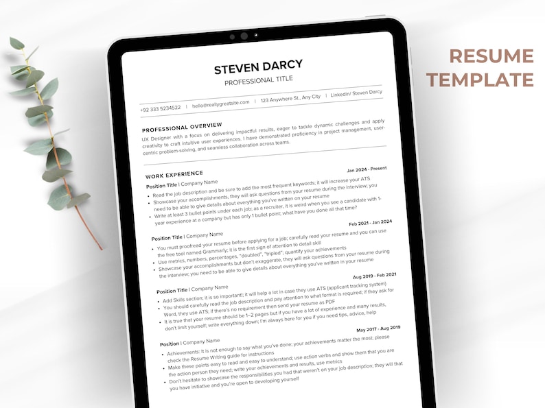 ATS Resume Template, Professional CV, Cover Letter (MS Word) - Etsy