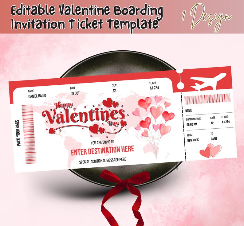 Valentine Boarding Pass Template, Boarding Airline Trip Design, DIY ...