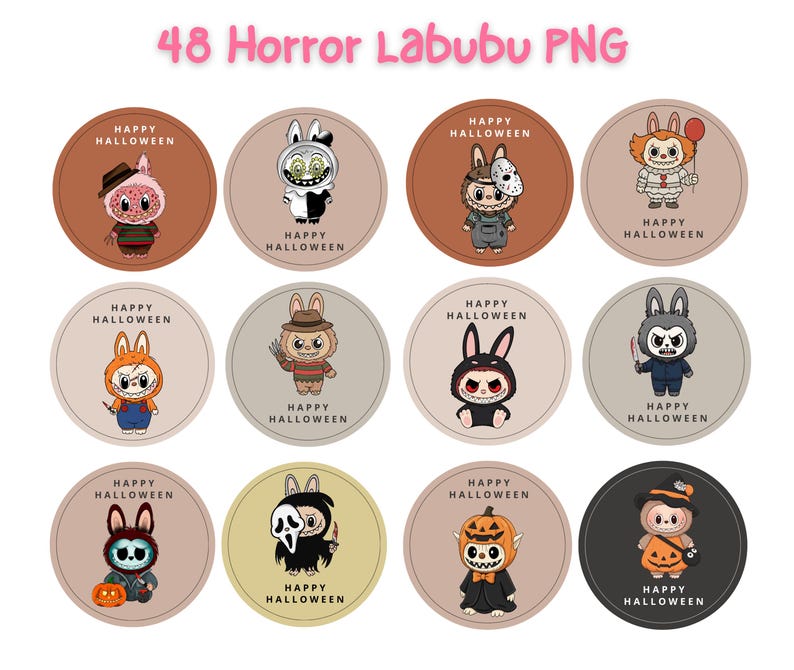 48 Halloween Labubu Bunny Clipart Stickers: Halloween PNG Bundle (canva ...