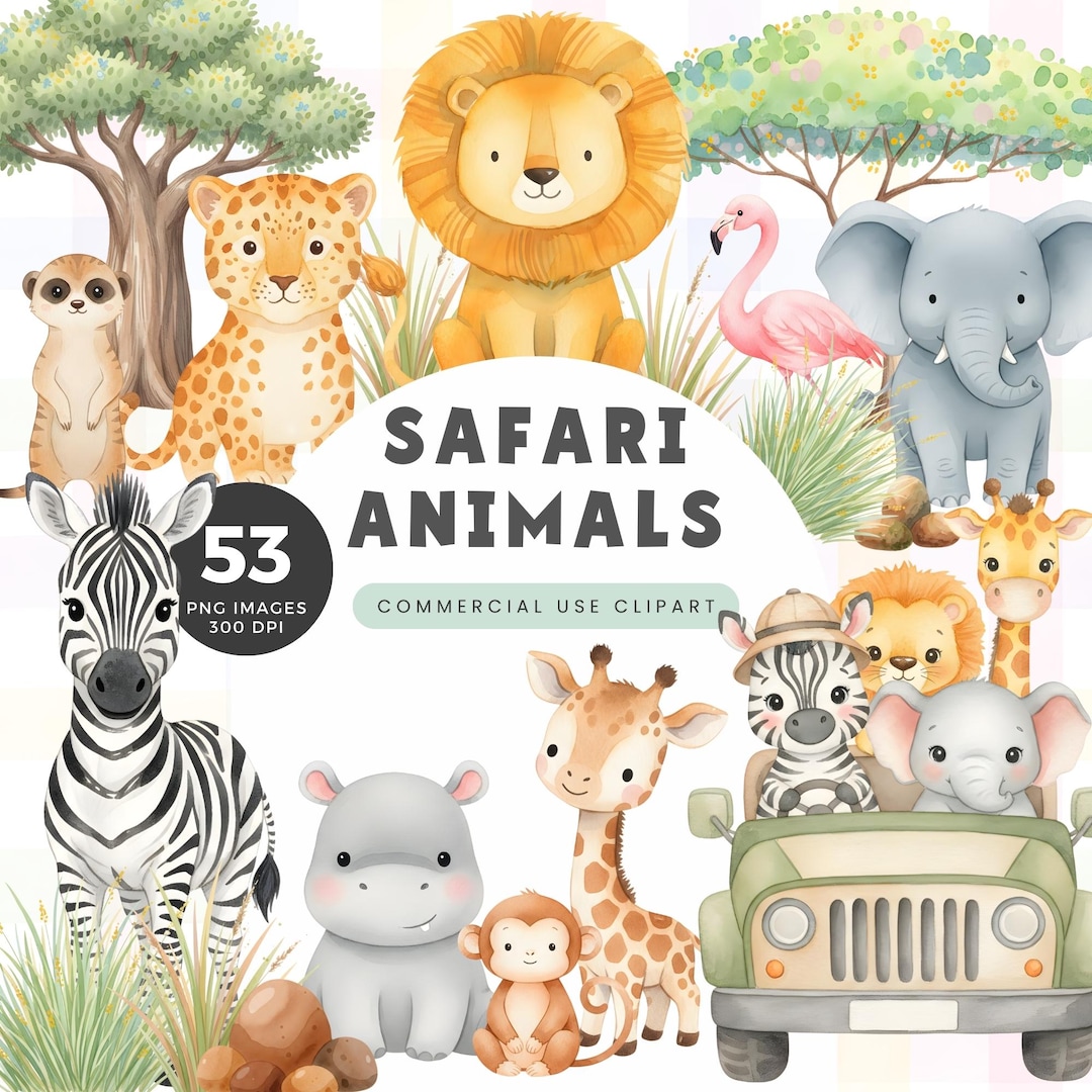 Safari Animals Clipart, Cute Jungle and Wild Animal Illustrations ...