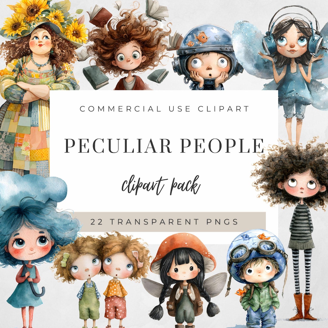 Peculiar People Clipart Pack, Watercolor Whimsical Quirky Big Eye ...