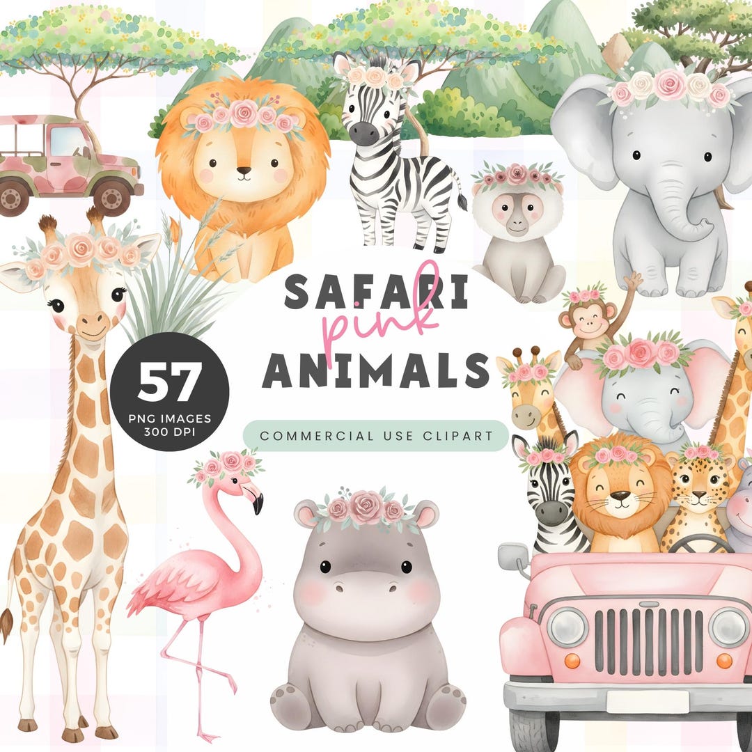 Pink Safari Animals Clipart, Cute Floral Jungle and Wild Animal ...