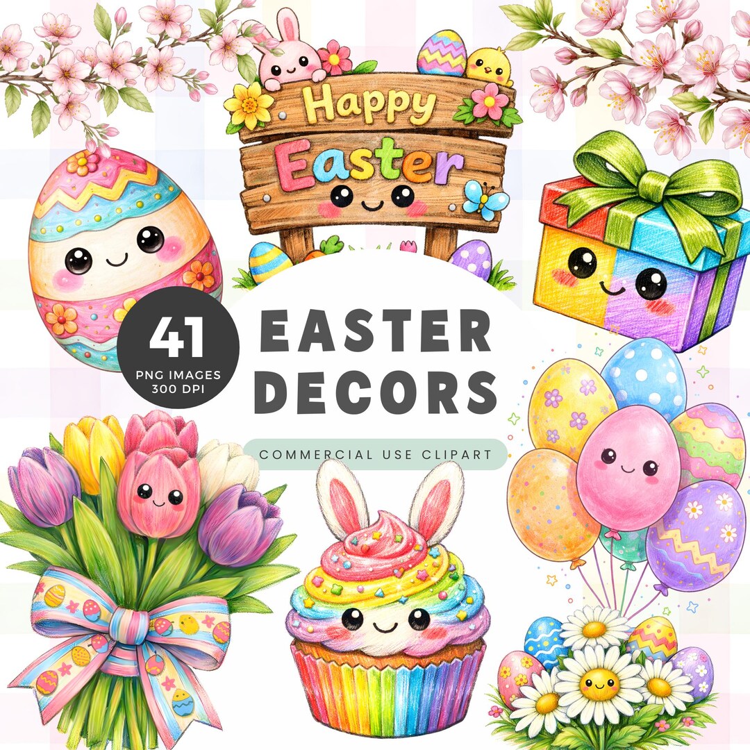 Cute Easter Decor Clipart, Kawaii Spring Easter Decorations, Digital ...