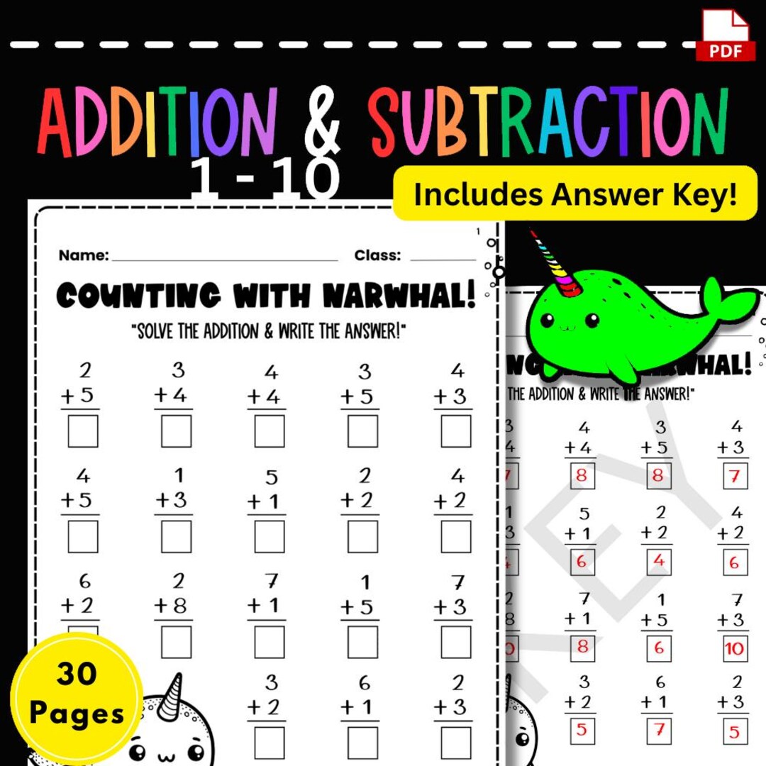 Narwhal Math Worksheets, Simple Addition & Subtraction 1-10 ...