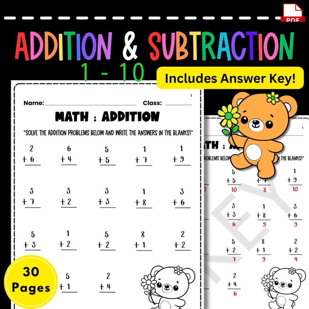 Cute Bear Addition & Subtraction Worksheets | Numbers 1-10 ...