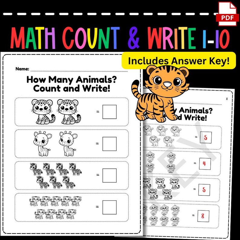 Cute Zoo Animals Math Worksheets for Kids | Count & Write Number 1-10 ...