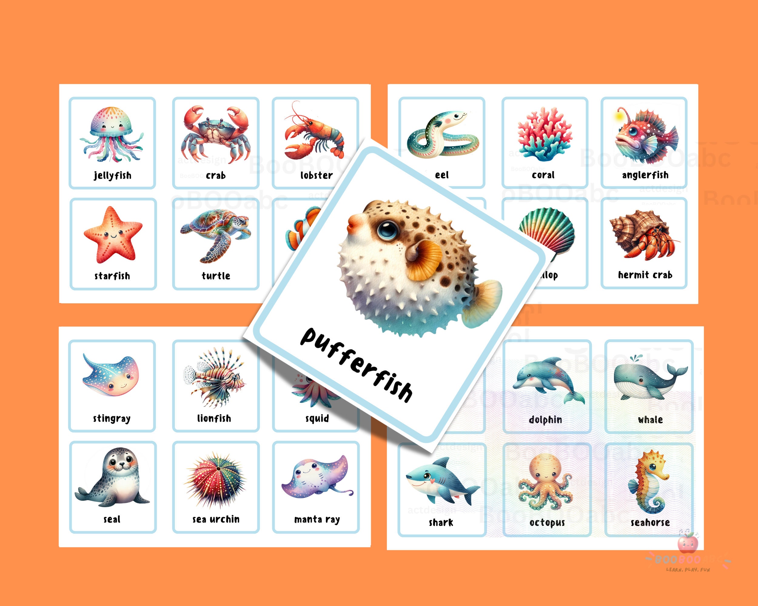 Printable Cute Sea Animals Flashcards PDF 24 Animals Kids Flash Card ...