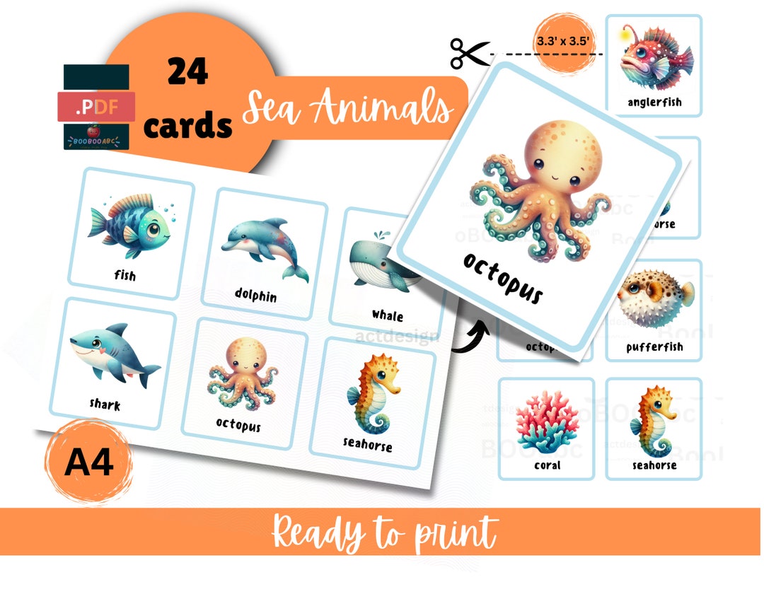 Printable Cute Sea Animals Flashcards PDF 24 Animals Kids Flash Card ...