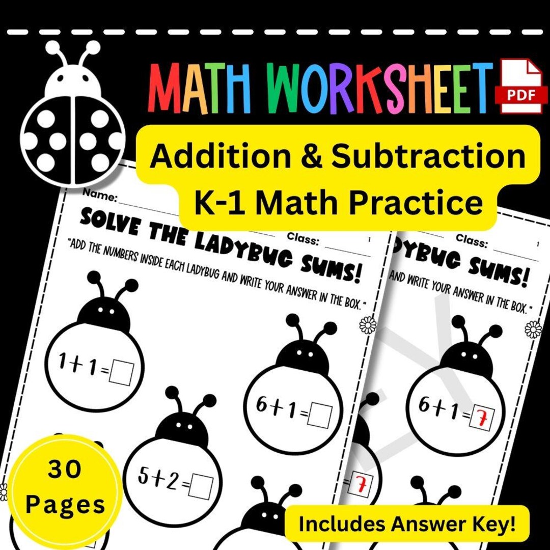 Ladybug Addition & Subtraction Math Worksheets | K-1 Printable PDF | 30 ...